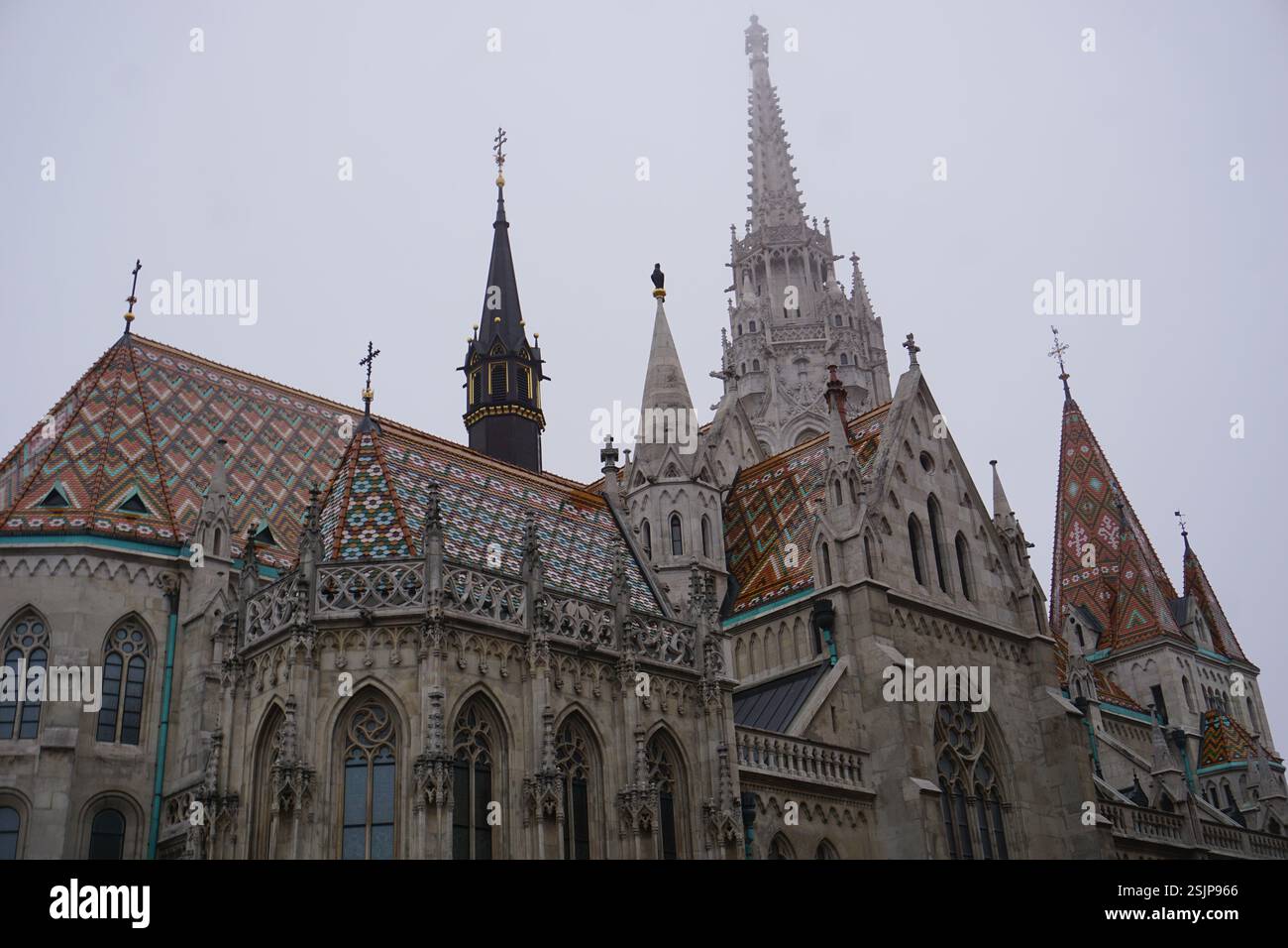 Close up of the Late Gothic church roof, historic cathedral spires, and ...