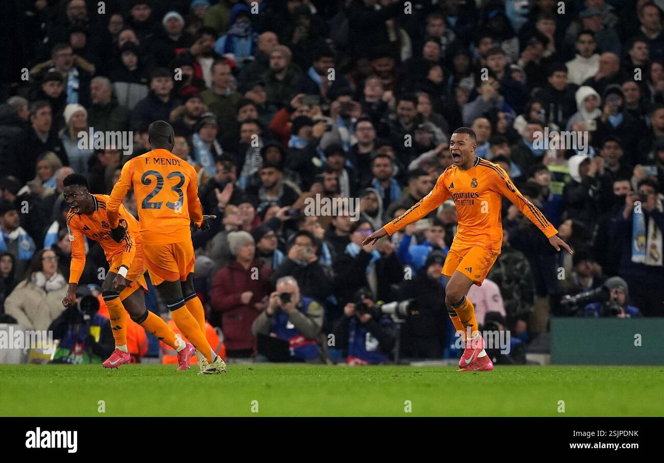 Real Madrid's Kylian Mbappe celebrates scoring their side's first goal ...