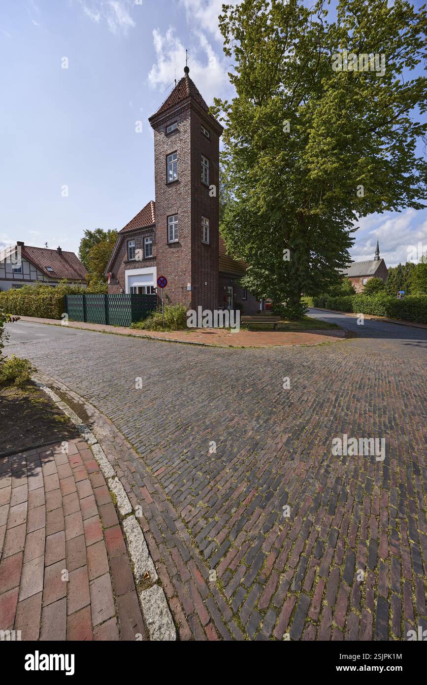 Historic fire station, hose tower, brick building, tree, historic ...