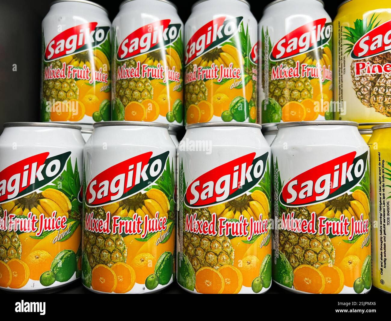 Kyiv, Ukraine - February 11, 2025: Cans of Sagiko mixed fruit juice ...