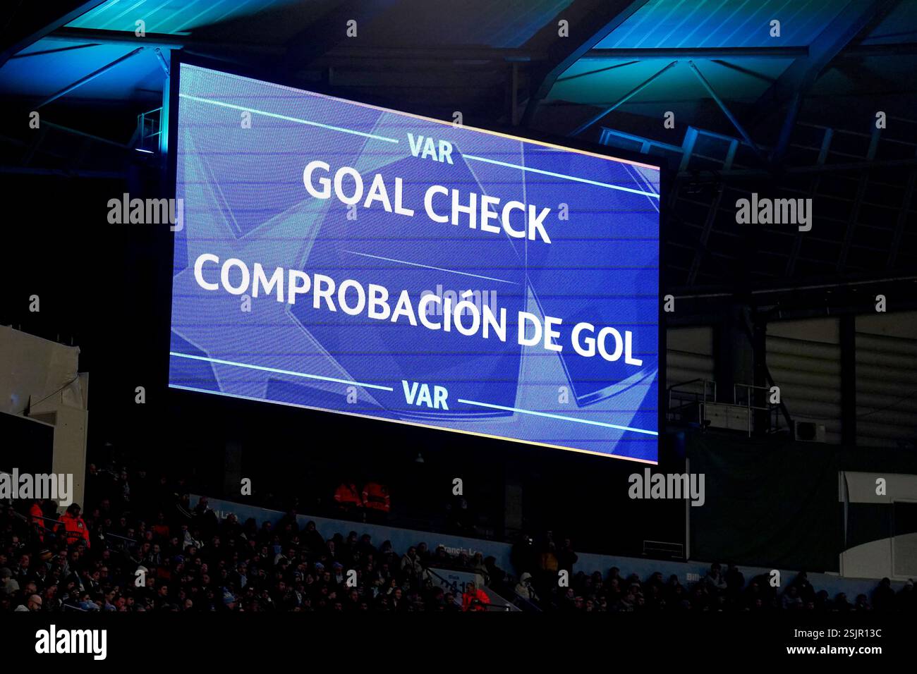 A screen shows a message to say that there is a VAR goal check during ...