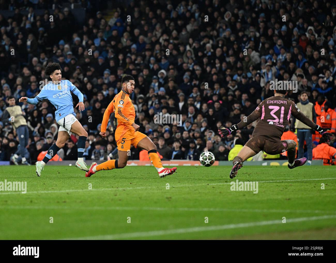 Manchester, UK. 11th Feb, 2025. Manchester City's goalkeeper Ederson saves from Real Madrid's ...