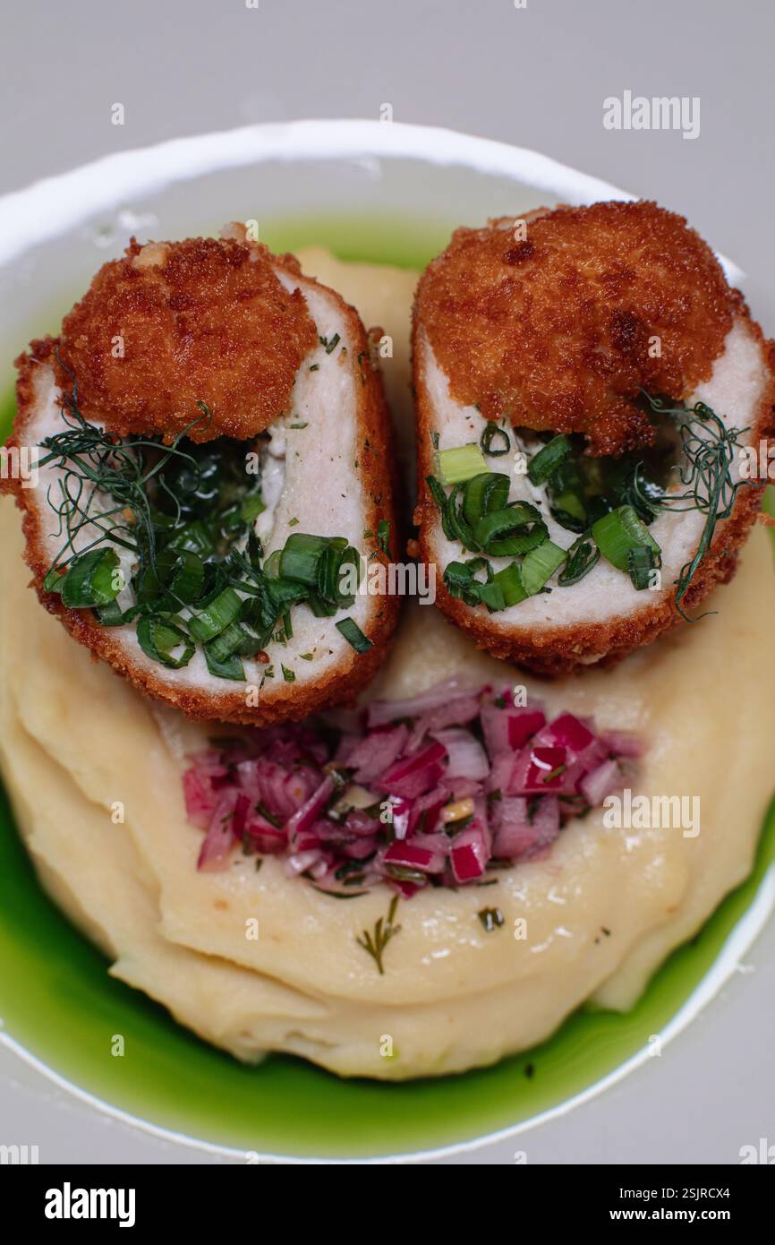 Delicious cutlets with airy mashed potatoes served in the restaurant ...
