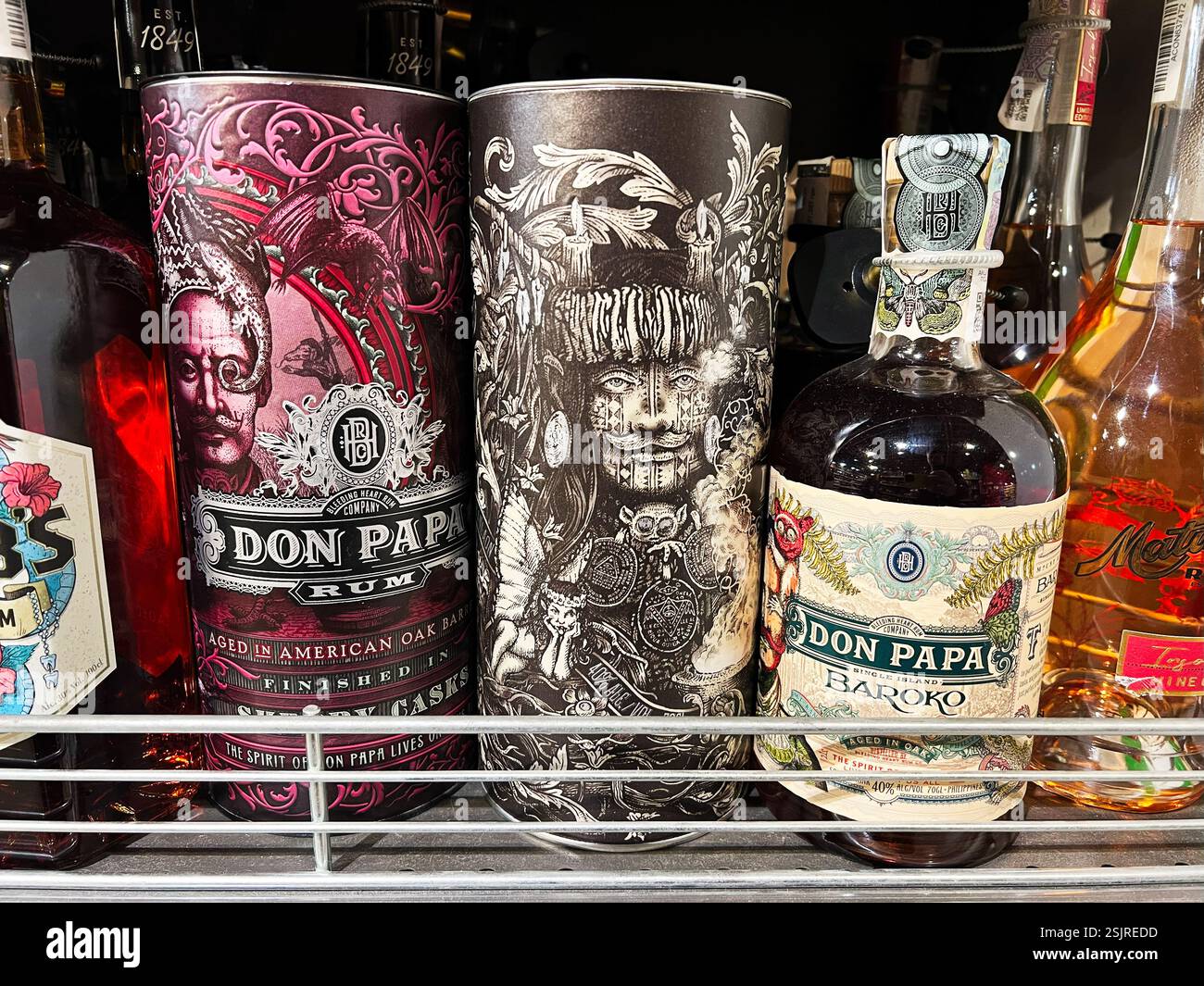 Kyiv, Ukraine - February 11, 2025: Collection of varied Don Papa rum ...