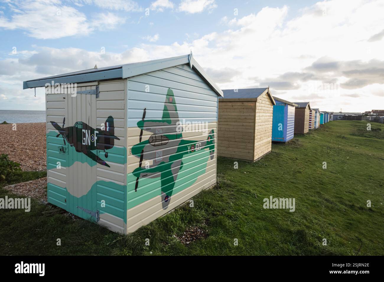 England, Kent, Romney Marsh, Littlestone Beach, Beach Hut with Artwork ...