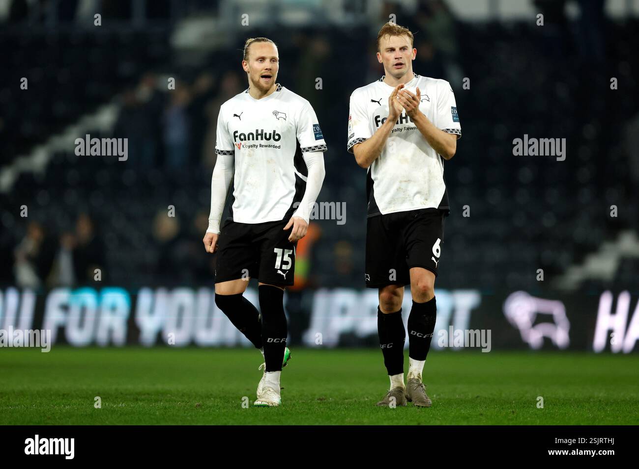 Derby County's Lars-Jorgen Salvesen (left) and Sondre Langas applaud ...