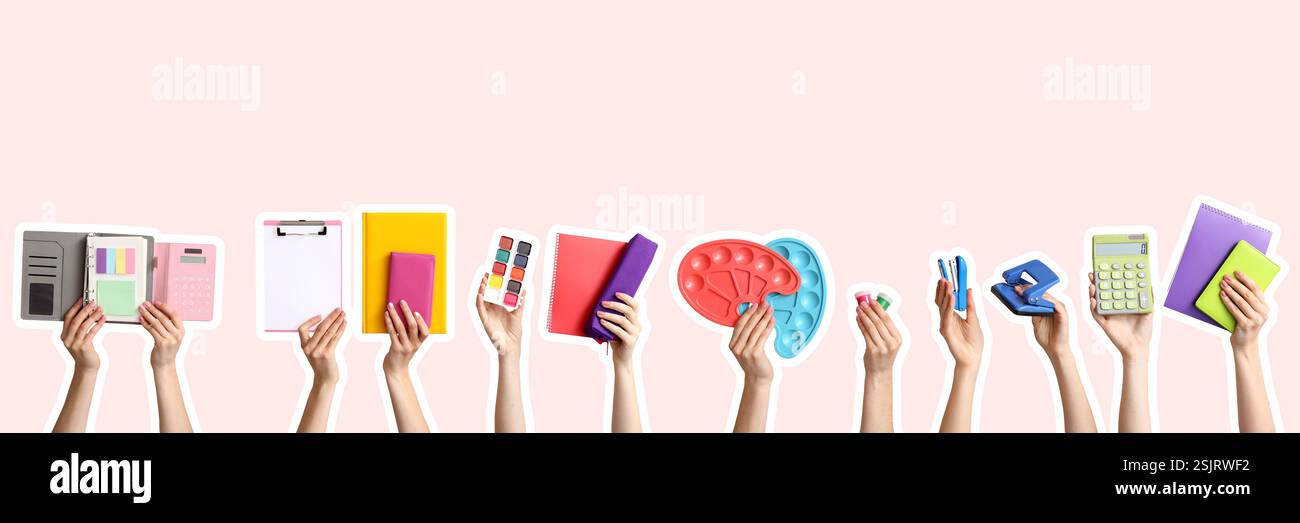 Many hands with different school supplies on light background Stock ...