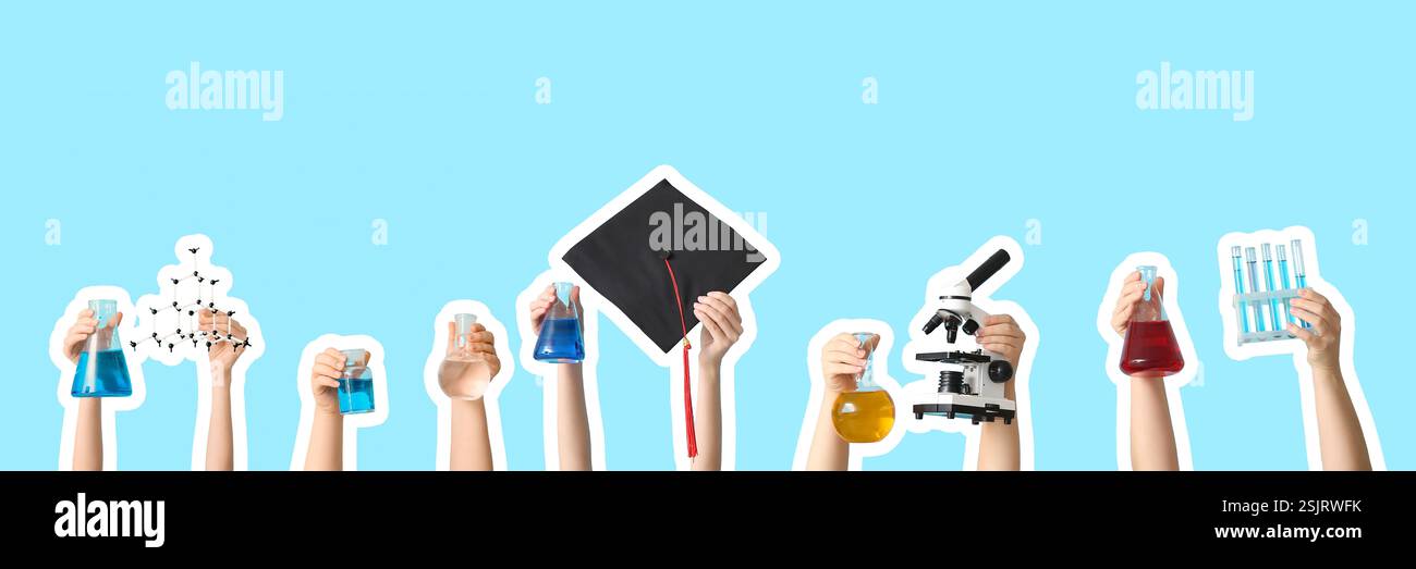 Hands holding microscope, test tubes, graduation hat and laboratory ...