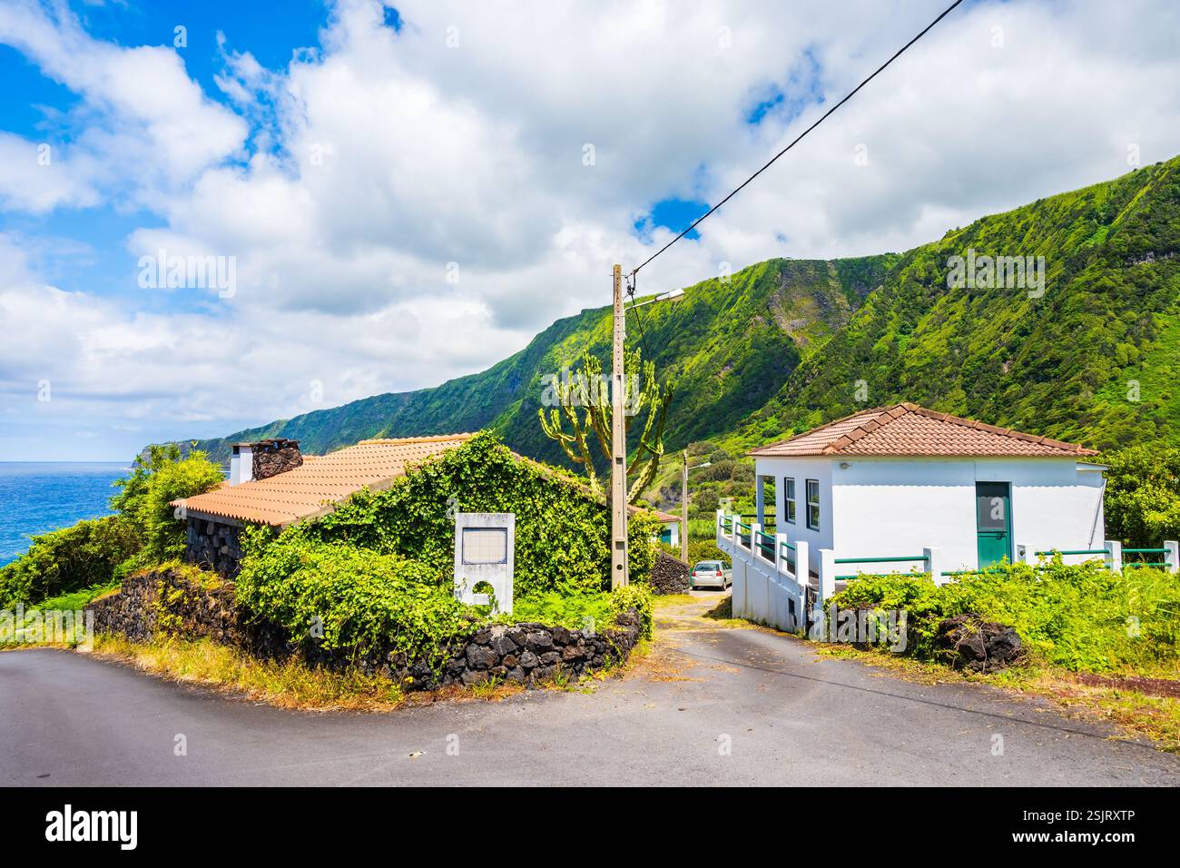 Traditional houses in green tropical landscape of Faja village, Faial ...