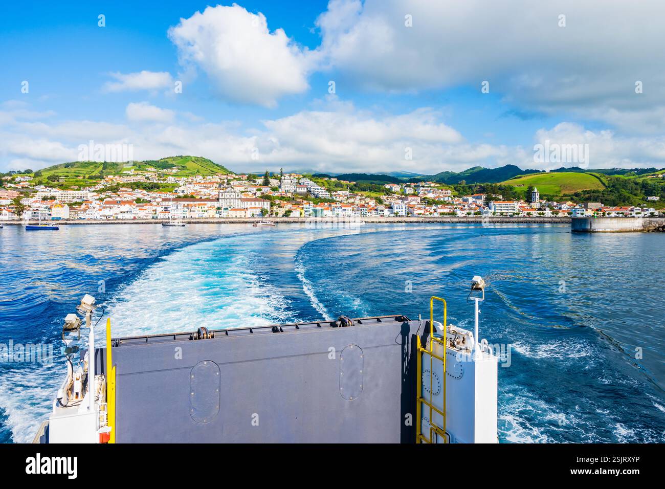 View of Horta port on coast of Faial island from ferry boat, Azores ...