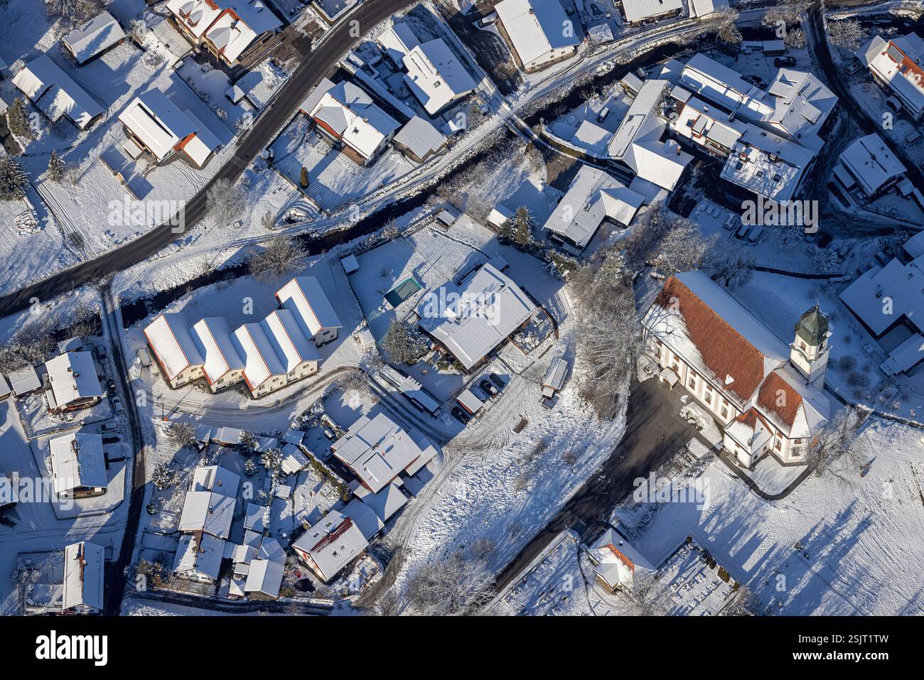 Aerial view of town center with church. Lechbruck am See, Bavaria ...