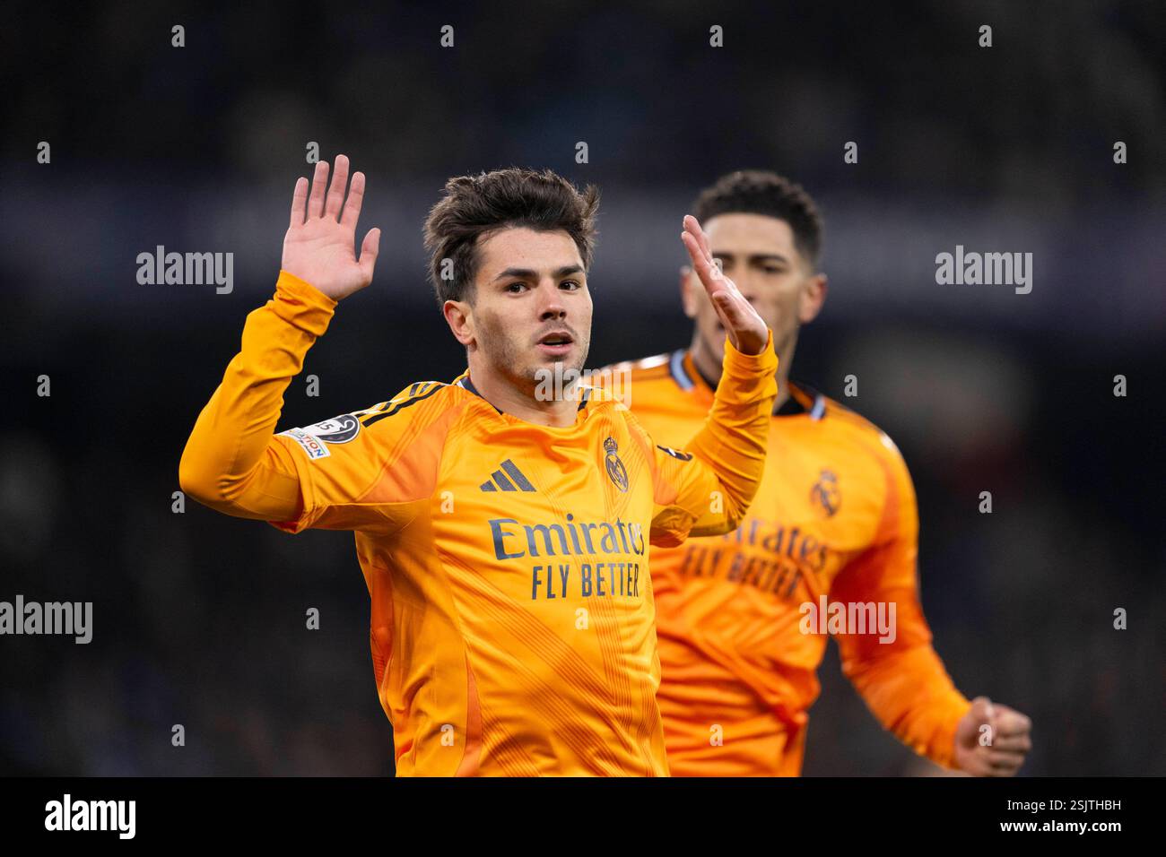 Manchester, UK. 11th Feb, 2025. Brahim Díaz of Real Madrid celebrates ...