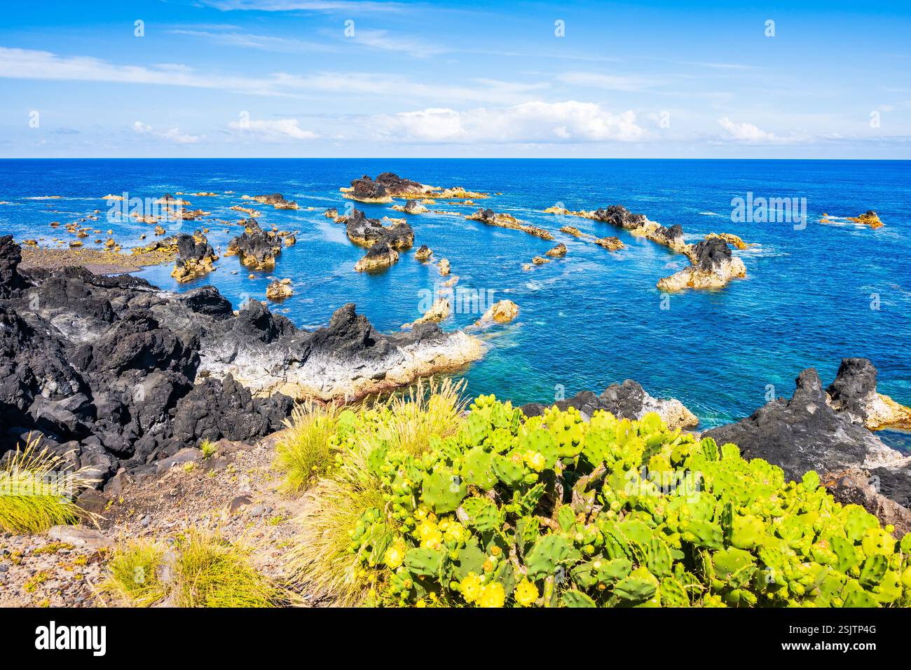 Natural swimming pools on rocky coast in Mosteiros town, Sao Miguel ...