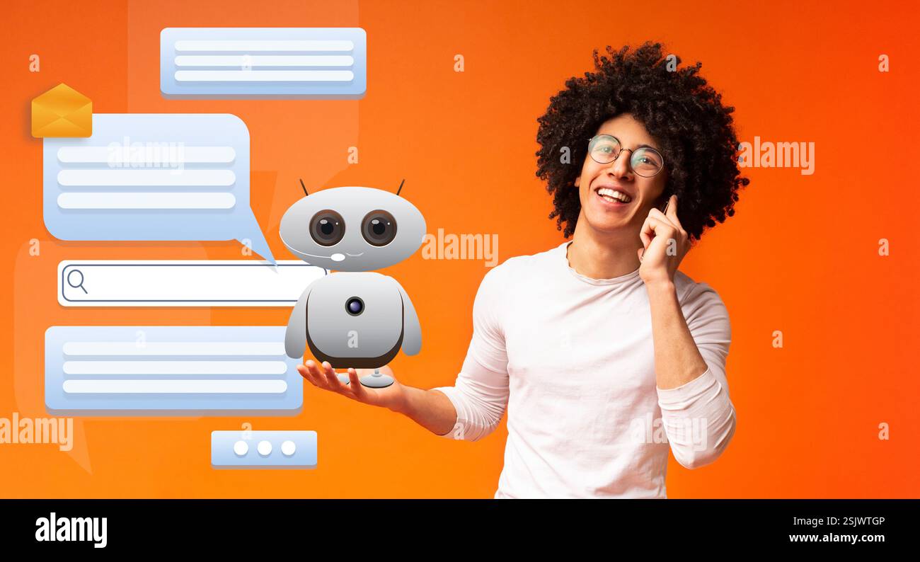 Guy interacting with virtual assistant showcasing modern AI technology ...