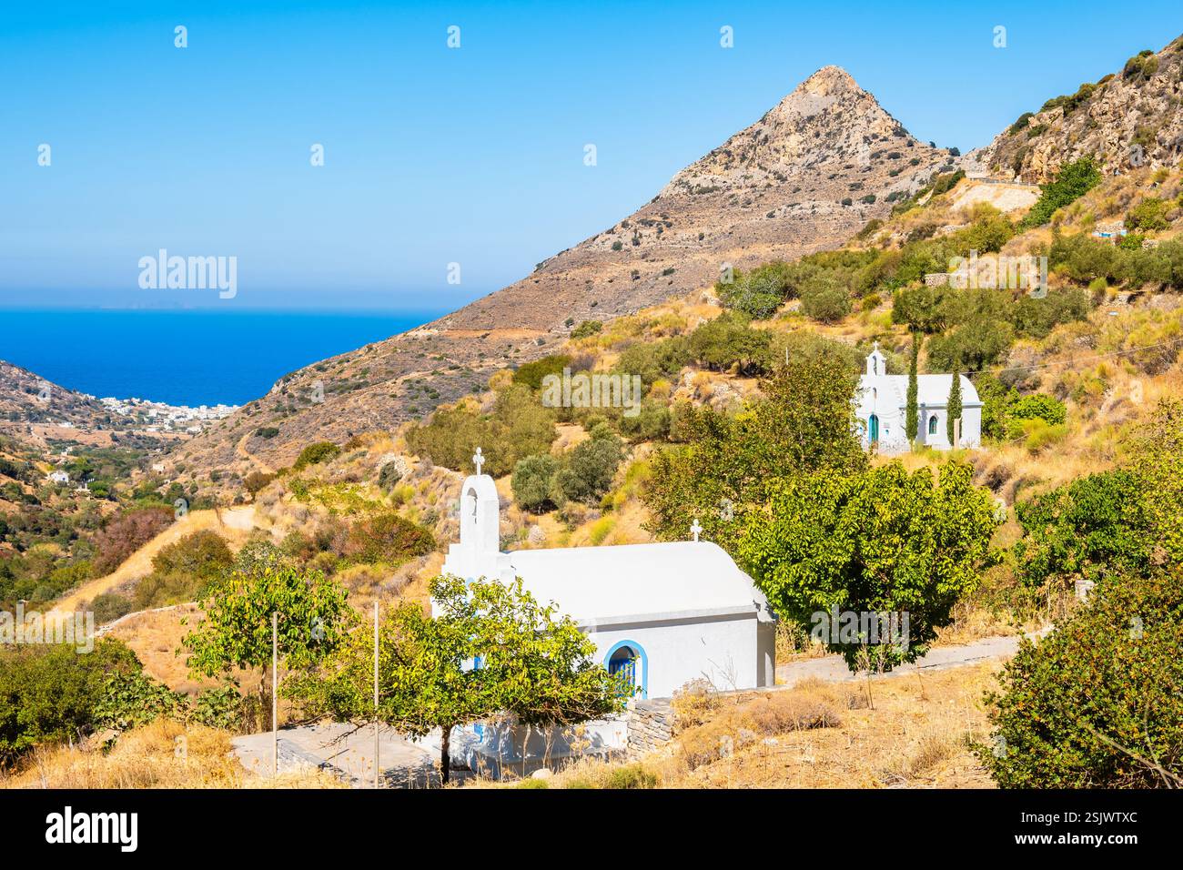 Small Greek chapels among mountain farming landscape, Naxos island ...