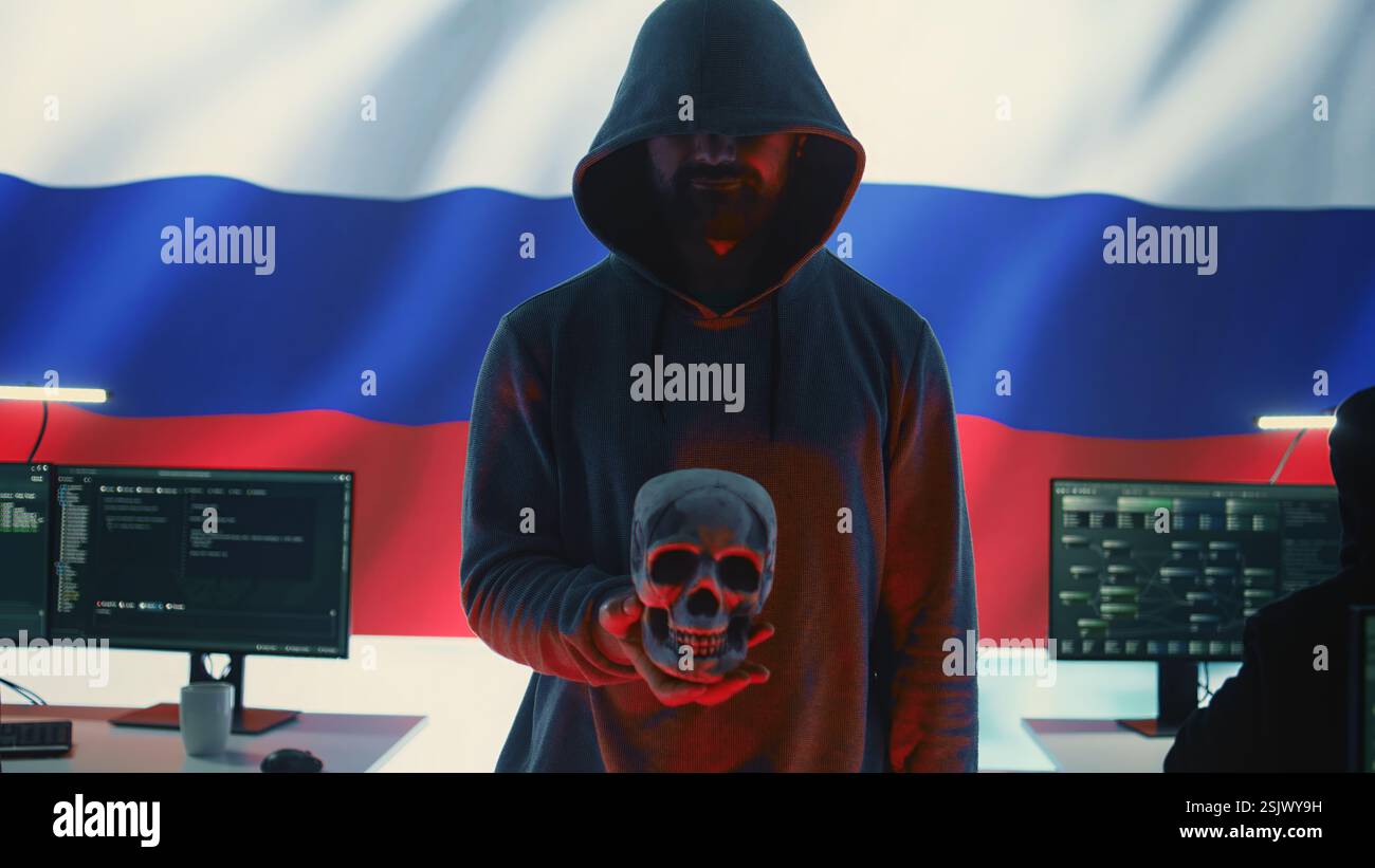 Russian hackers creating dark web maniac cybercrime in a control room ...
