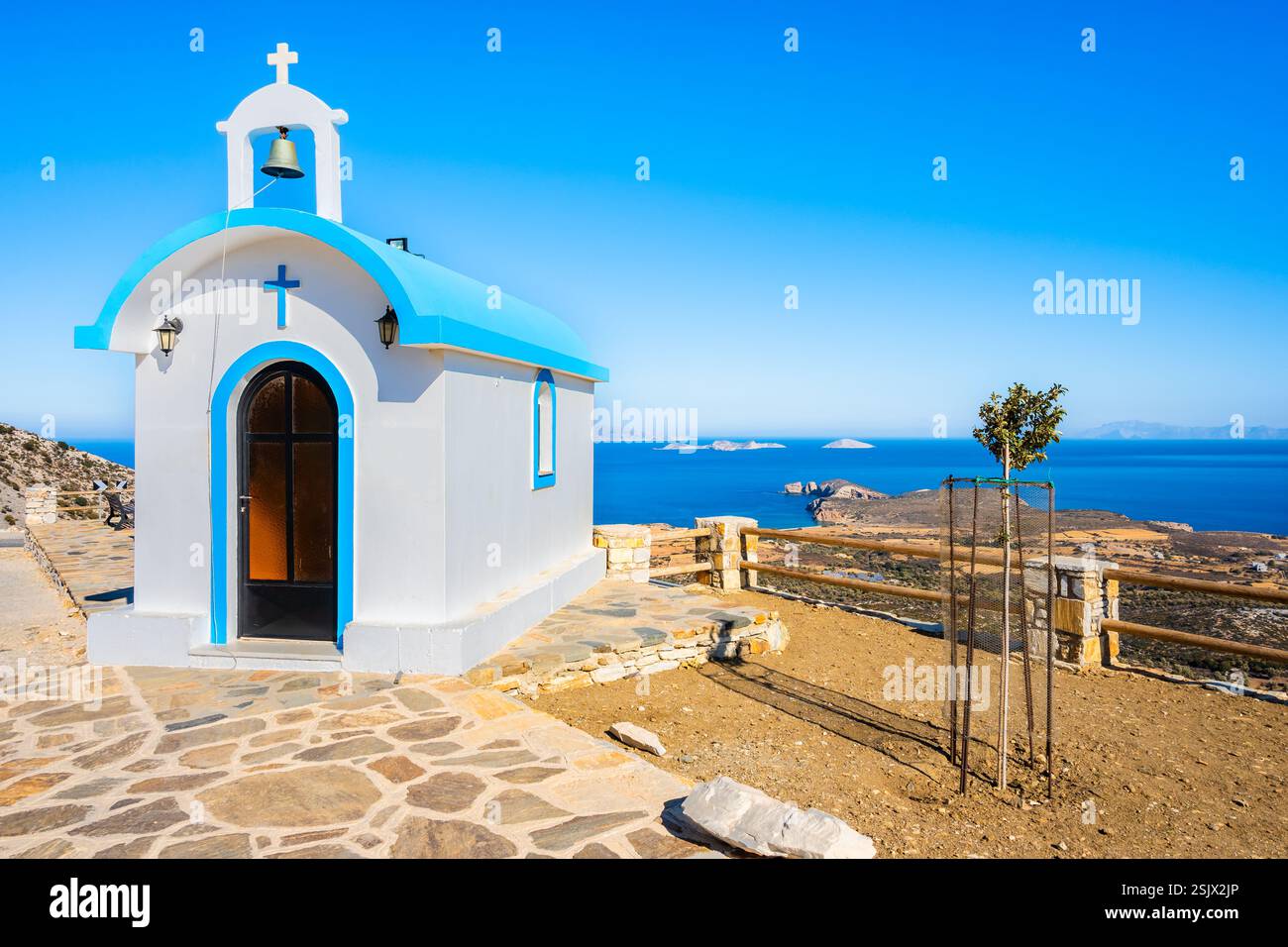 Small chapel in mountain landscape with sea view, Naxos island ...