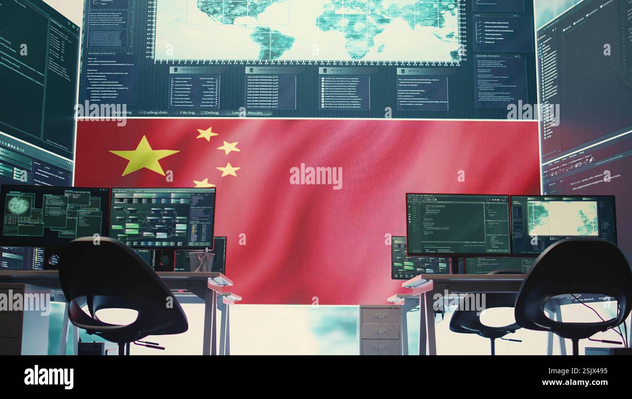 Empty cyber security room presenting a Chinese flag on big screen ...