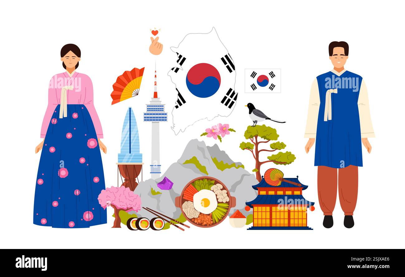 South Korea culture elements and landmarks, Korean man and woman in ...