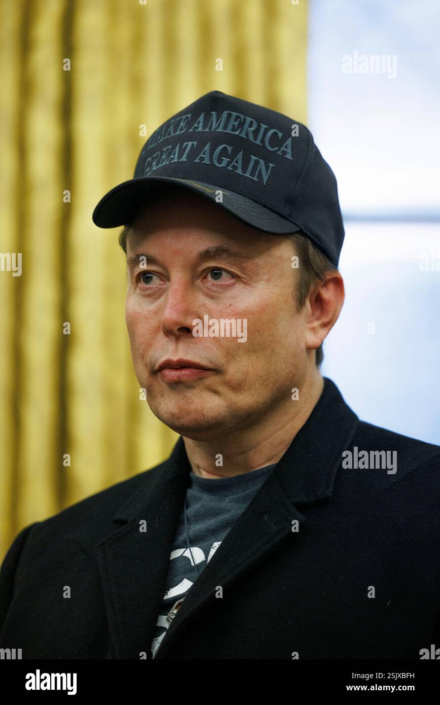 Elon Musk gives remarks to the media in the Oval Office of the White ...
