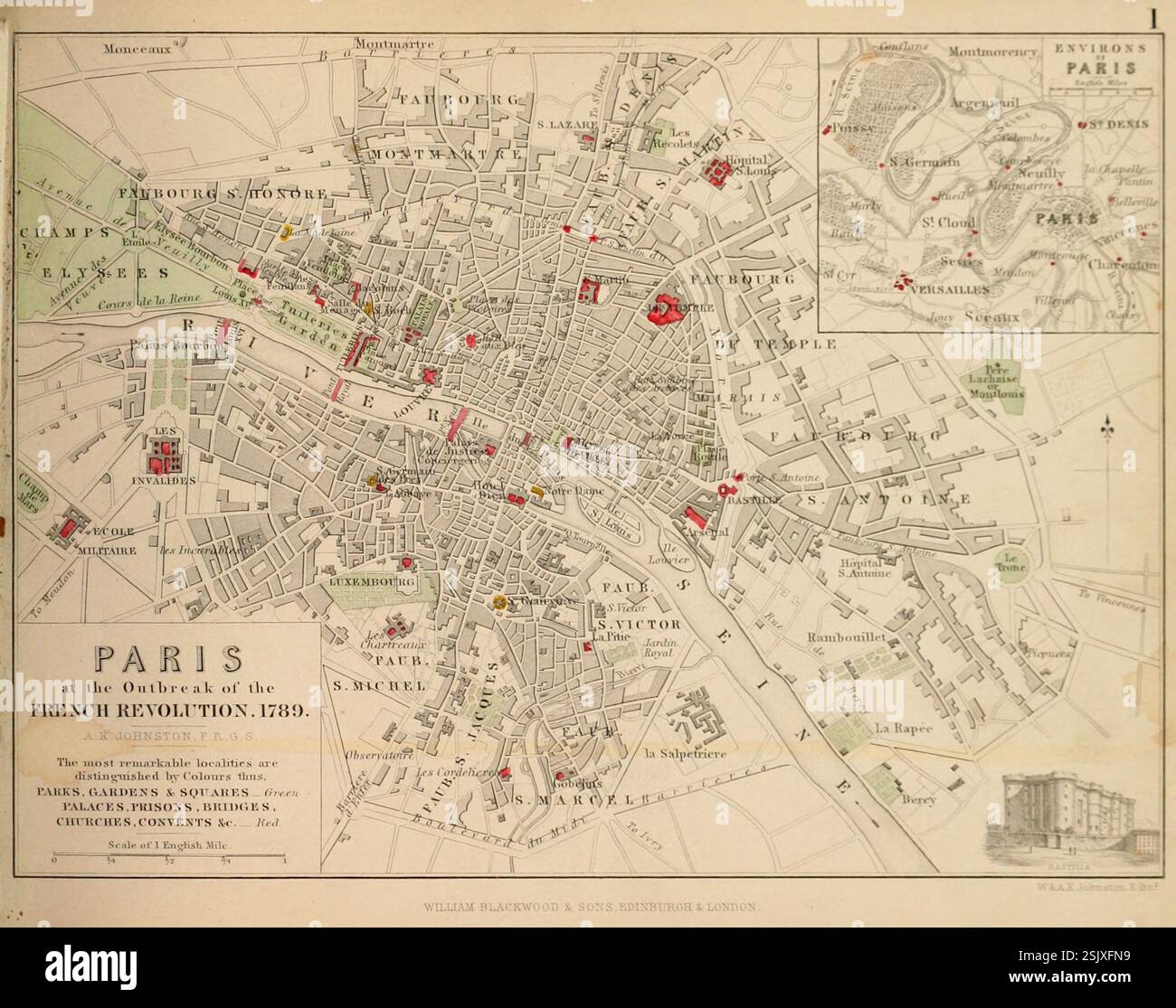 Plan of Paris at the Outbreak of the French Revolution, 1789. Historic ...