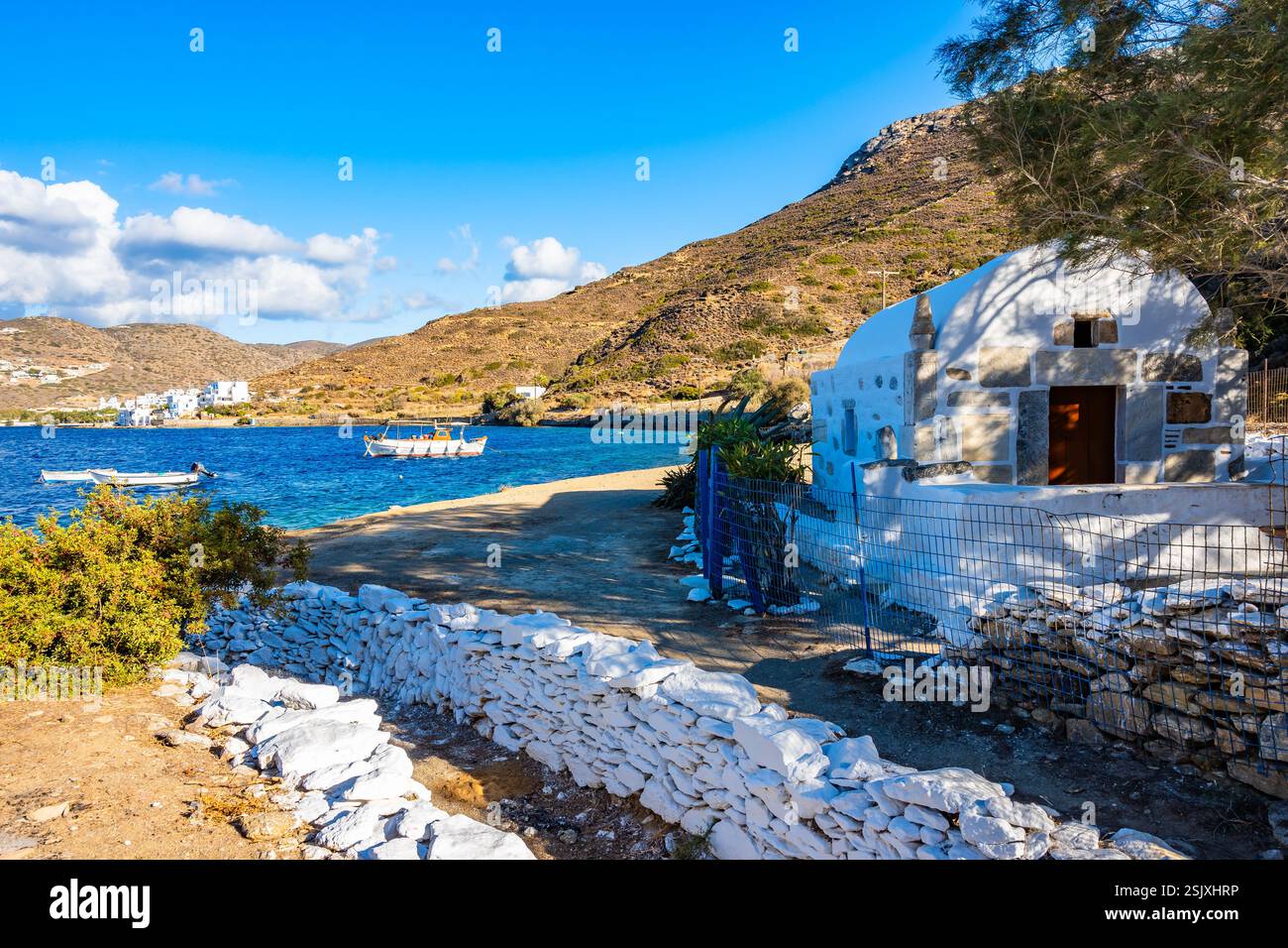 Small church on sea coast in Katapola bay, Amorgos island, Cyclades ...