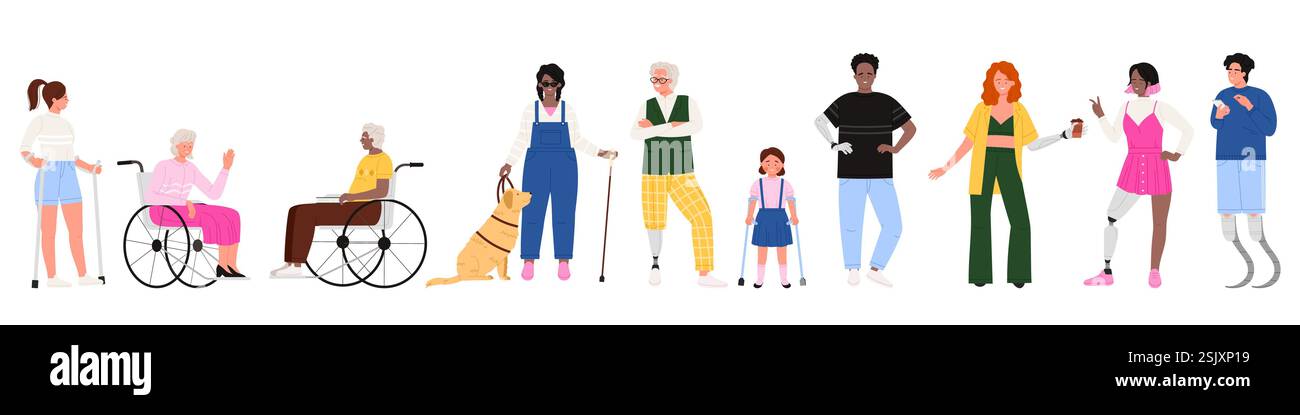Vector illustration of diverse individuals with disabilities, including ...