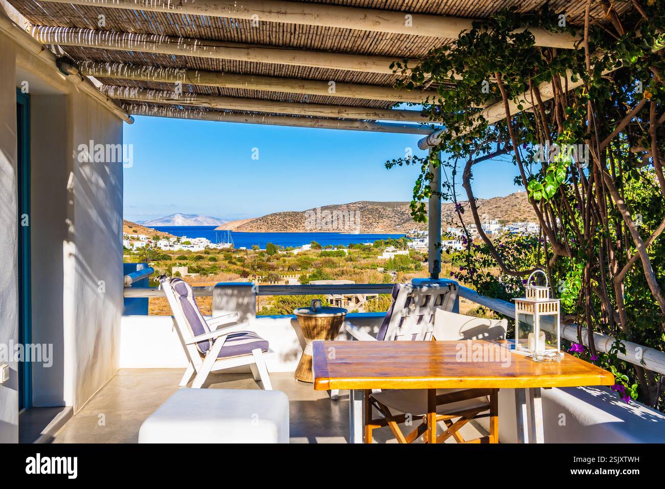 Terrace of a traditional Greek style apartment in Katapola village ...