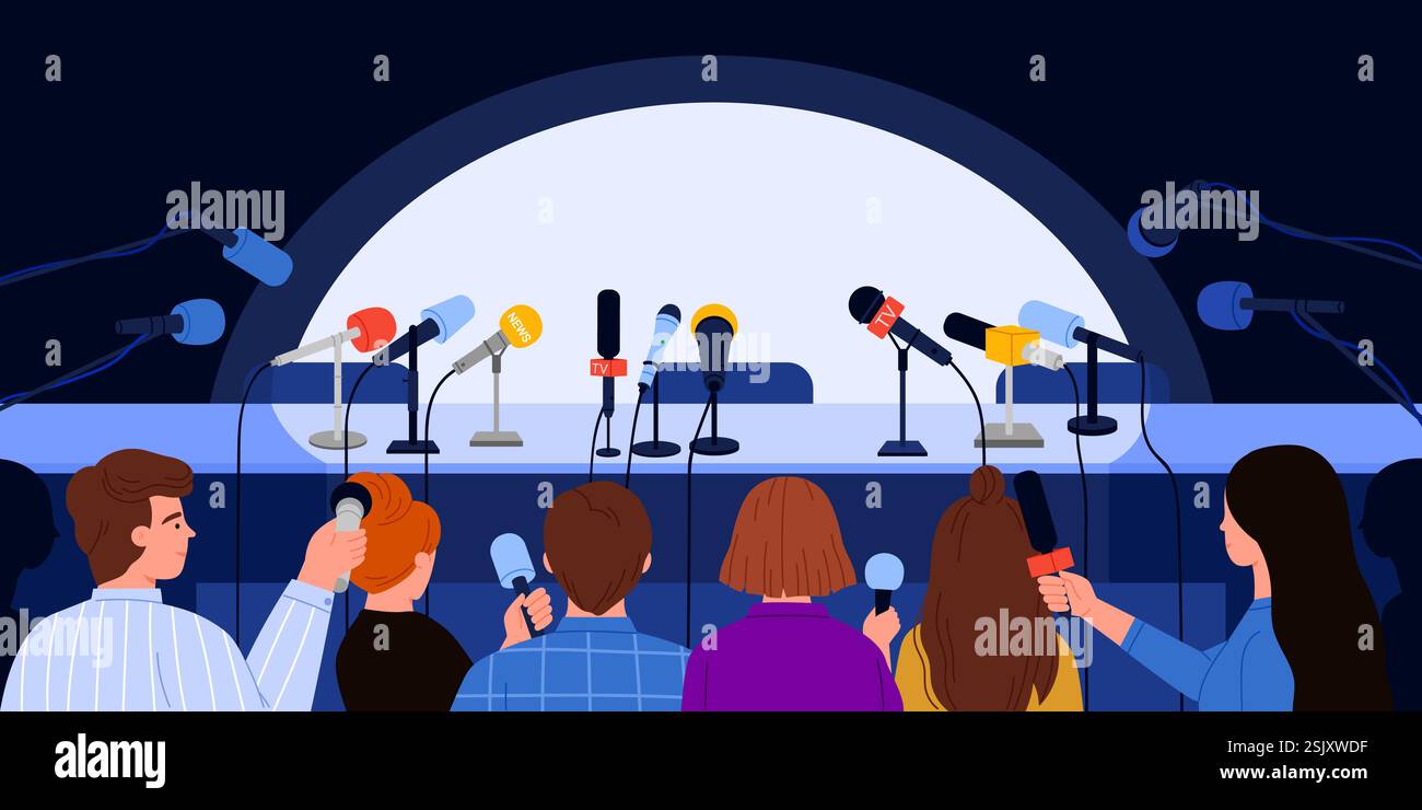 Press conference, interview in auditorium with table, crowd of journalists with microphones ...