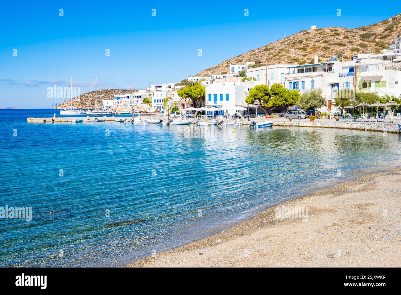 Beach view and houses in Katapola port, Amorgos island, Cyclades ...