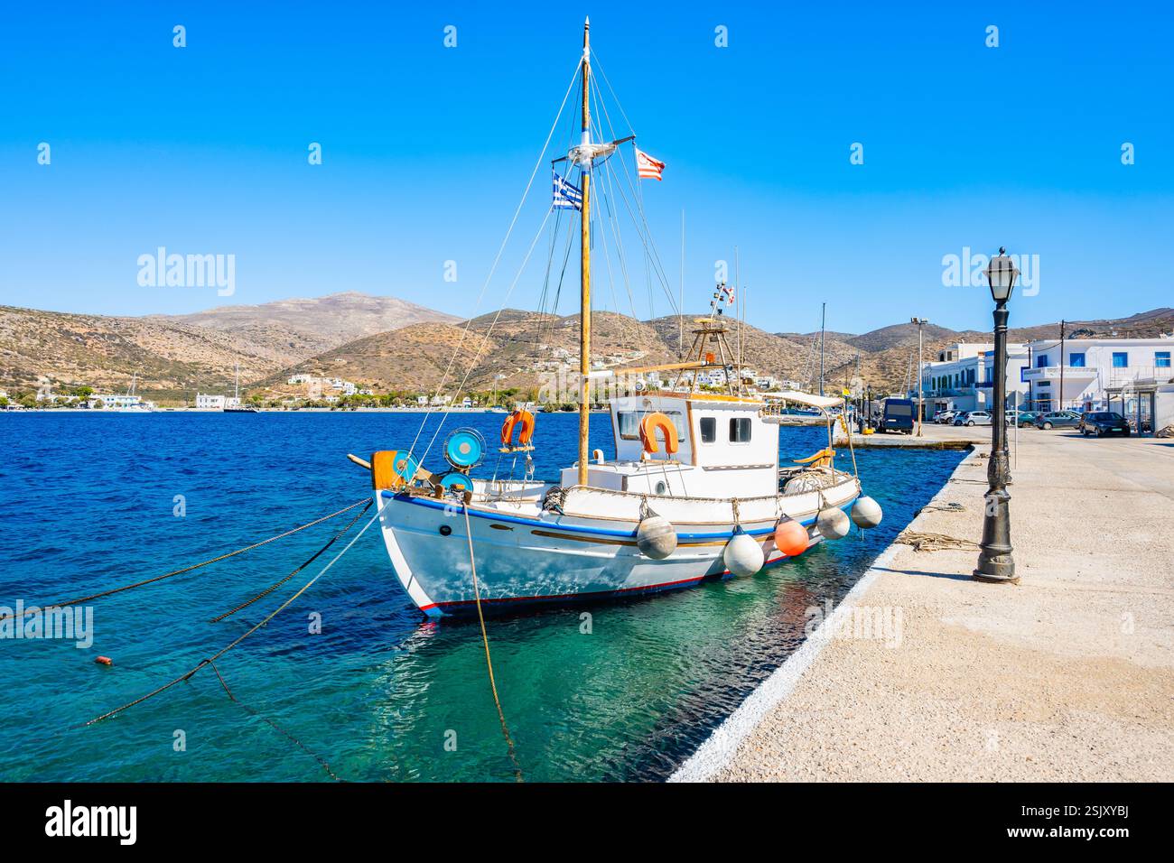 Traditional fishing boat in Katapola port, Amorgos island, Cyclades ...