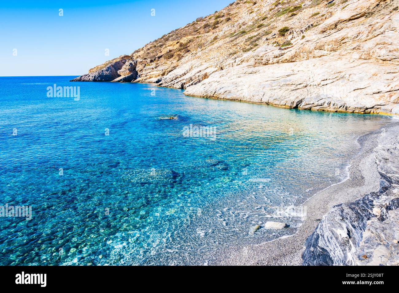 View of Mouros bay and beach with crystal clear azure sea water ...