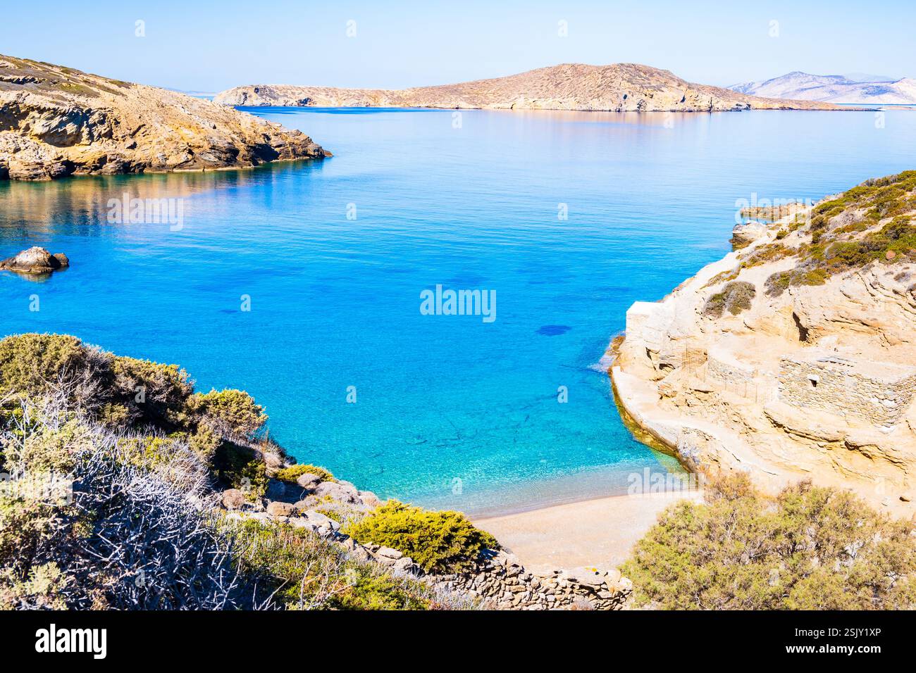 View of sandy Paradisia beach and sea coast, Amorgos island, Cyclades ...