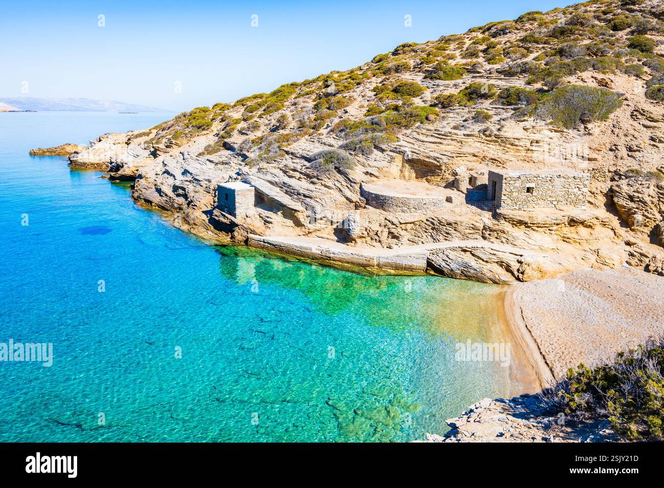 View of sandy Paradisia beach and sea coast, Amorgos island, Cyclades ...