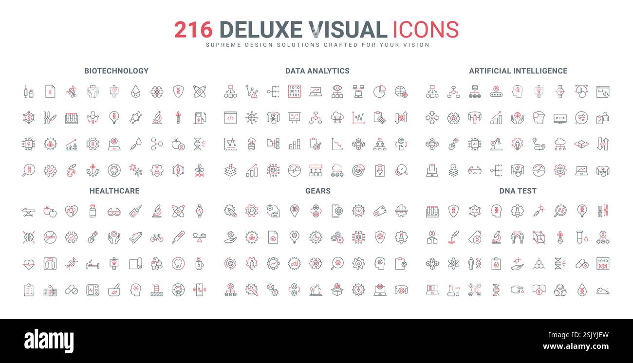 Healthcare and biotechnology research, algorithms and tools for data analytics, AI line icon set ...