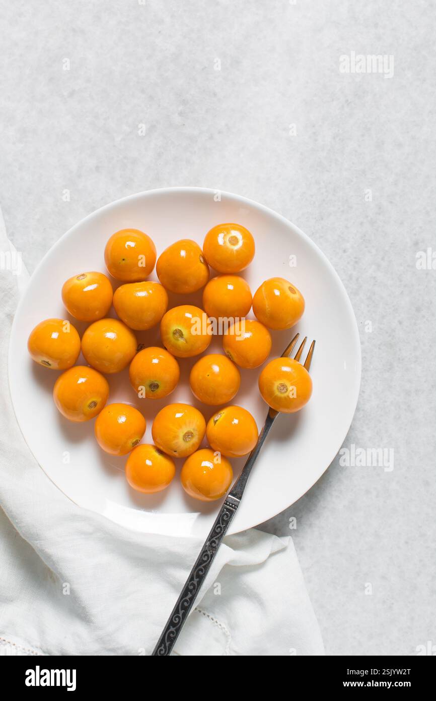 Overhead view of golden gooseberries, top view of Peruvian groundcherry ...