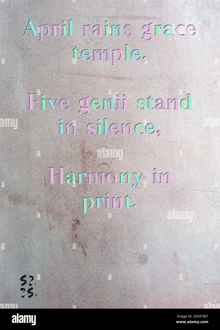 April rains grace temple, Five genii stand in silence, Harmony in print ...