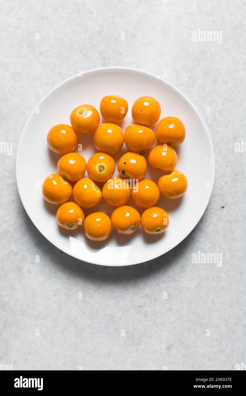 Overhead view of golden gooseberries, top view of Peruvian groundcherry ...