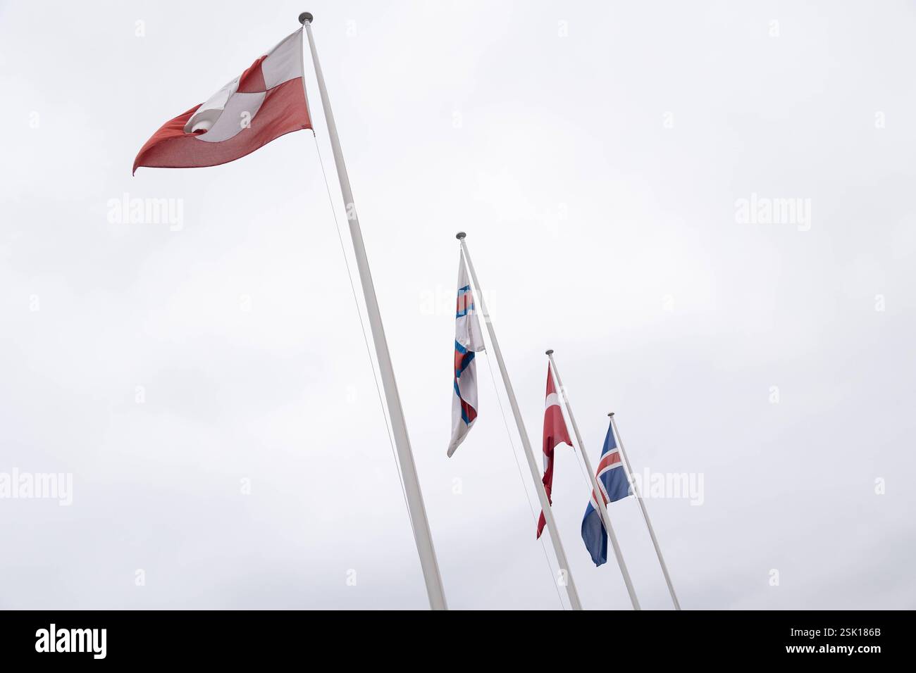 L-R Flags of Greenland, Faroe Islands, Denmark, and Iceland fly in ...