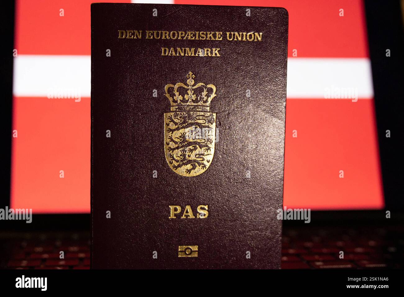 Close-up of a biometric Danish passport with the inscription Den ...