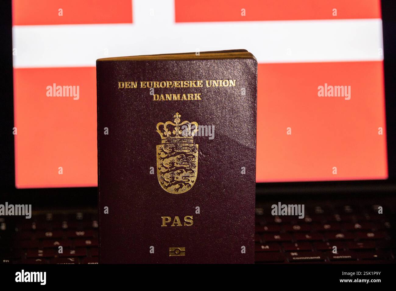 Close-up of a biometric Danish passport with the inscription Den ...