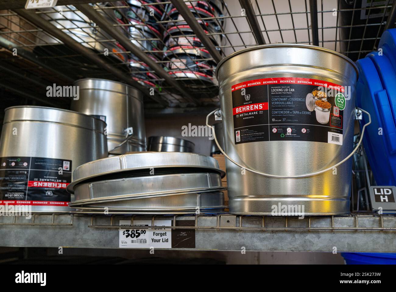 Auburn, CA, U.S.A. - Feb. 11, 2025: Behrens galvanized steel buckets ...