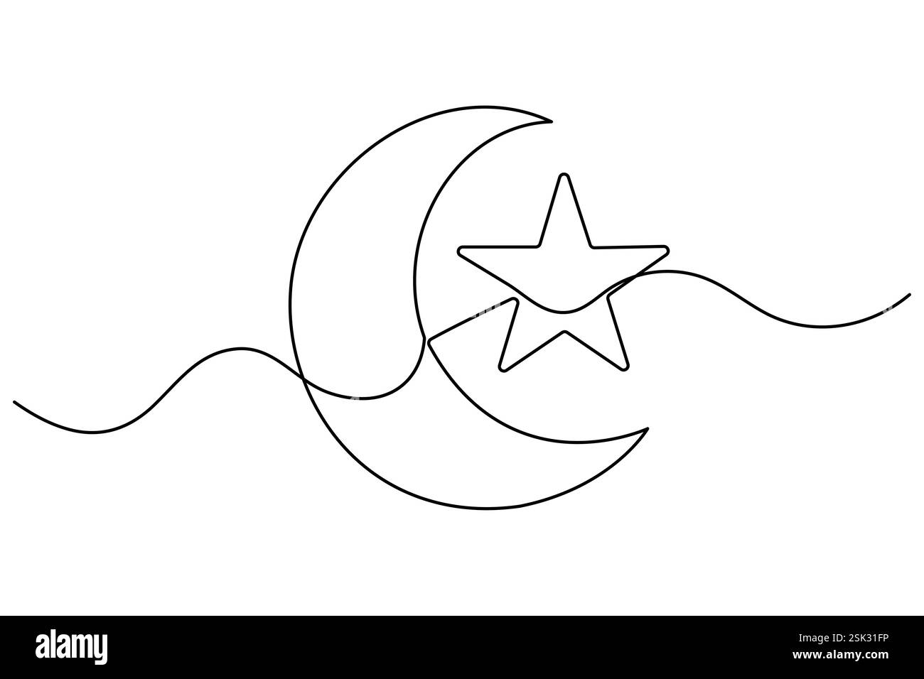 Continuous one line drawing of Moon and star outline vector ...