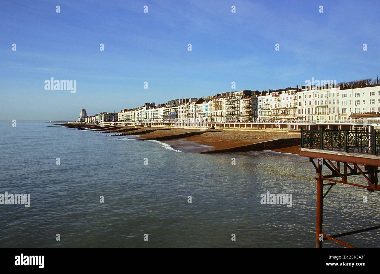 St Leonards-On-Sea seafront, East Sussex, UK, viewed from Hastings pier ...