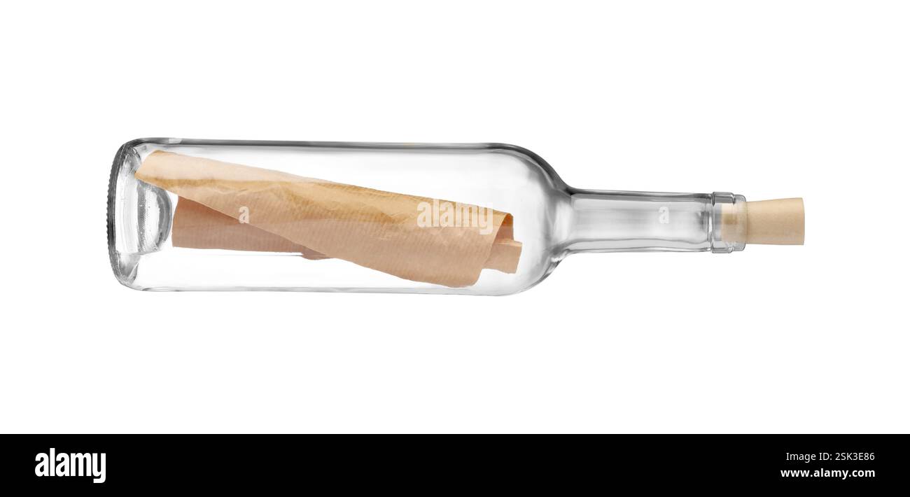 Corked glass bottle with rolled letter isolated on white Stock Photo ...