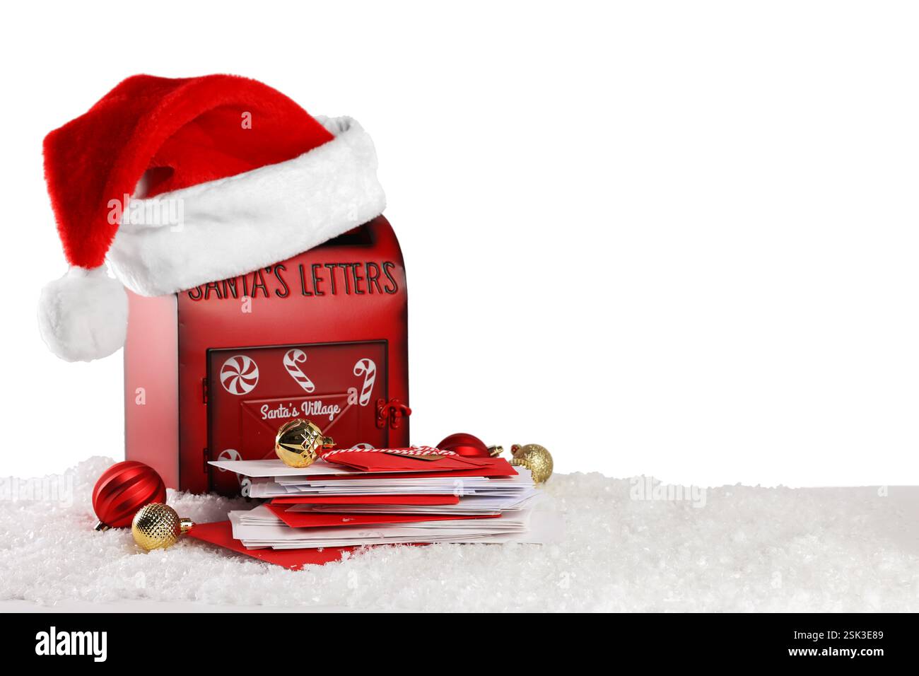 Santa Claus mail box with hat, letters and Christmas baubles on ...
