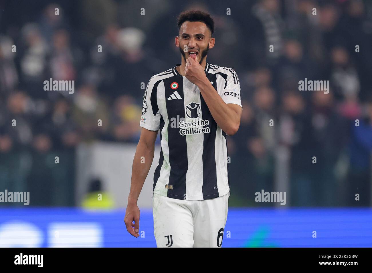 Turin, Italy. 11th Feb, 2025. Lloyd Kelly of Juventus reacts following ...