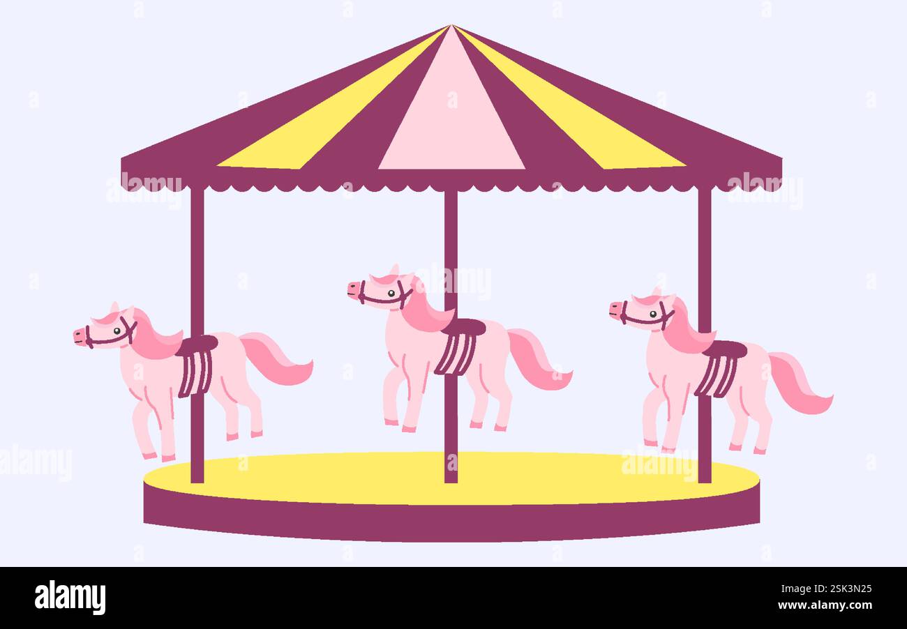 Flat cartoon illustration of a carousel with three pink horses on poles ...