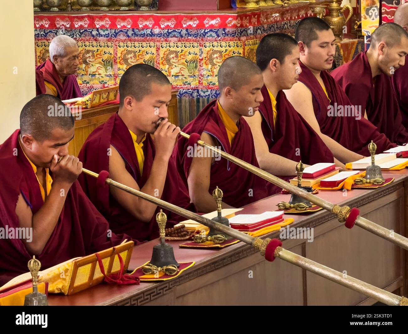 Monks say prayers and blow Tibetan horns at Chökyi Nyima Rinpoche's Ka ...