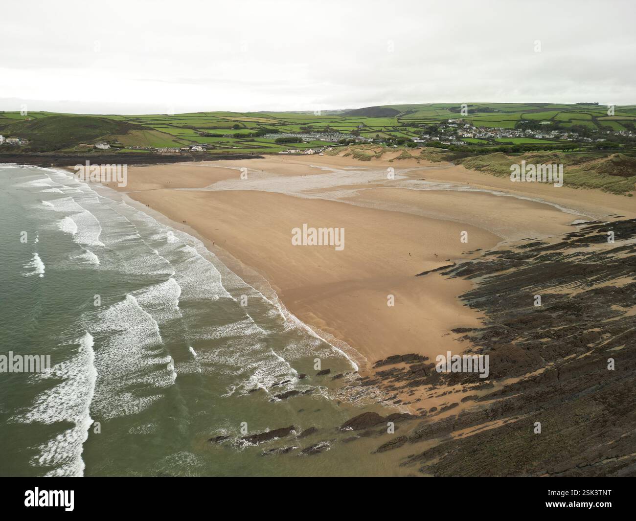 Aerial view over Croyde beach in North Devon, England, United Kingdom ...